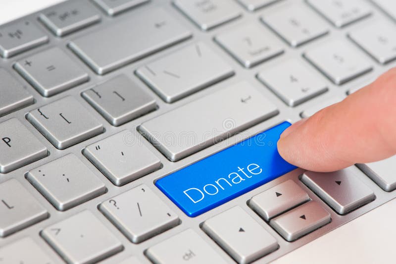 A Finger Press Blue Donate Button on Laptop Keyboard Stock Image ...