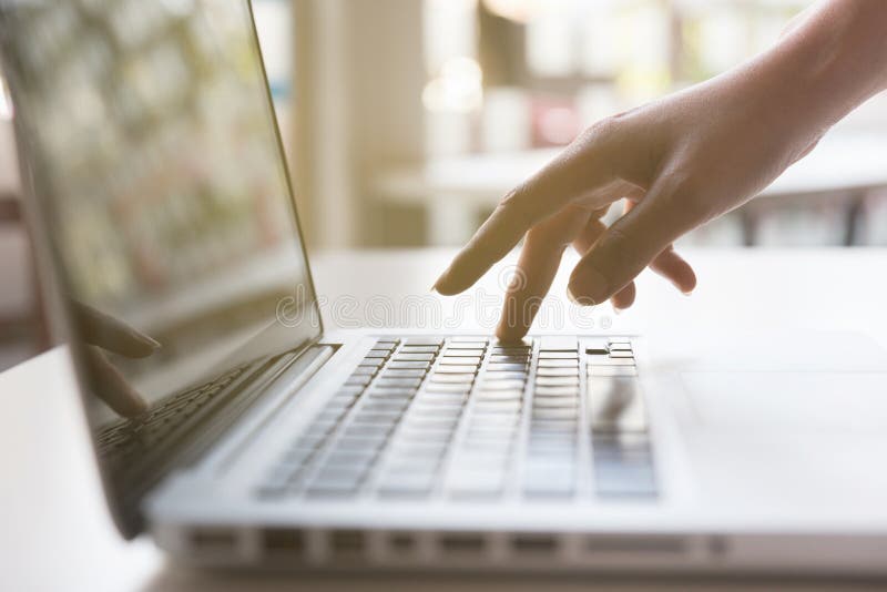 Finger Press Button on Laptop Keyboard Stock Photo - Image of office ...