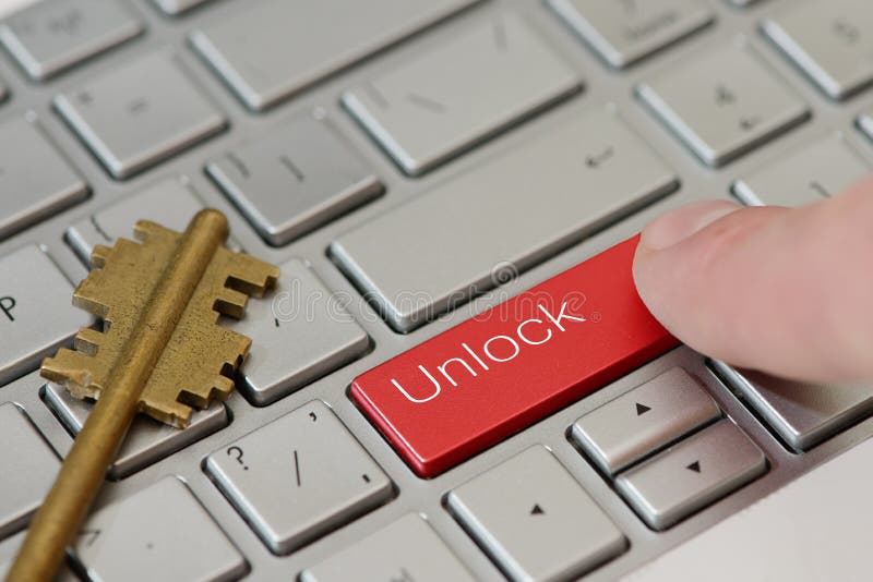 A Finger Press a Button with Text Unlock on a Keyboard Stock Image ...