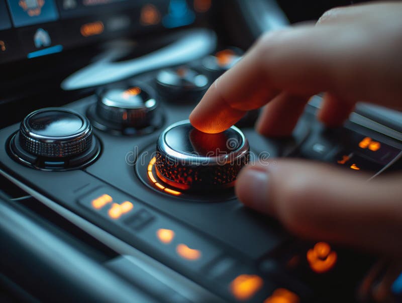 Finger Press Future Button with Blue Light Black Background. Concept ...