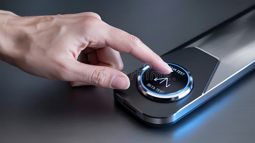 A Finger Presses Beta Test Button on Modern Sleek Device User Interface ...
