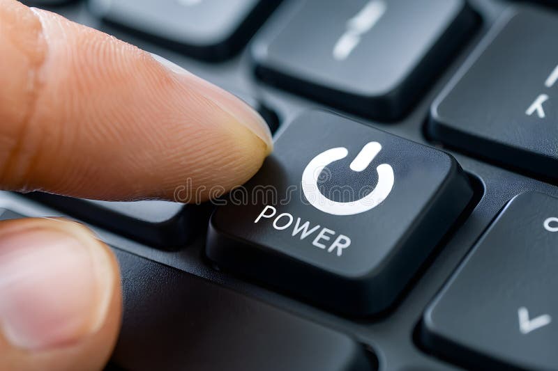 Finger Presses Black Power Button on Keyboard, White Power Icon ...