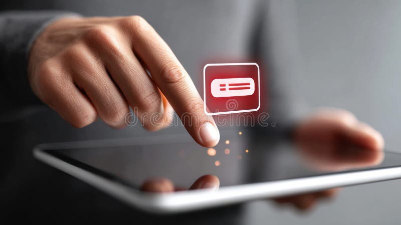 A Finger Presses a Button Icon on a Tablet Screen, Showcasing a Digital ...