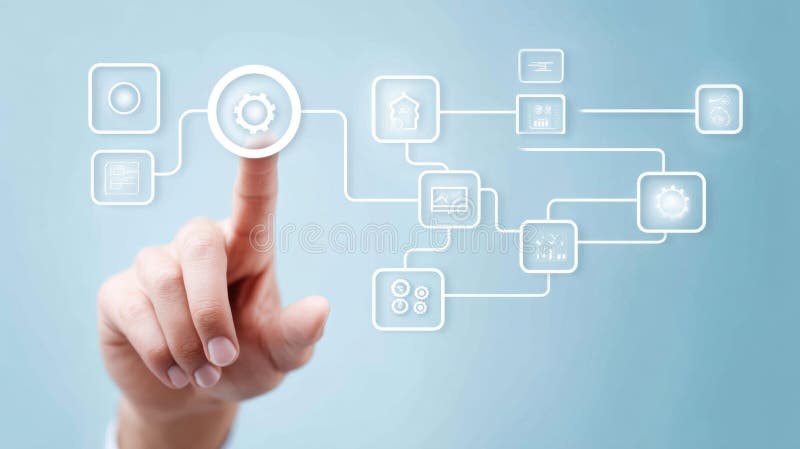 A Finger Presses on a Digital Gear Icon within a Network of ...