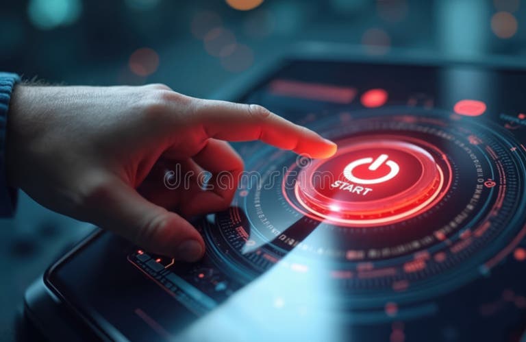 Finger Presses Digital Start Button. Activating Digital Interface ...