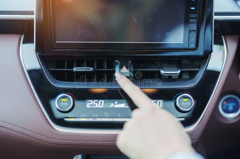 Finger Presses the Emergency Stop Button Inside the Car. Safety and ...