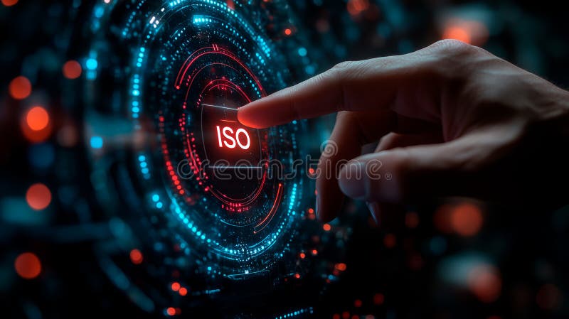 Finger Pressing Iso Button on Futuristic Interface with Glowing Lights ...