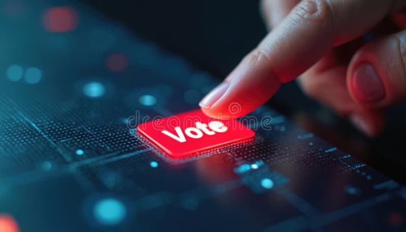 Finger Presses Red Vote Button Digital Interface. Symbolic Electronic ...