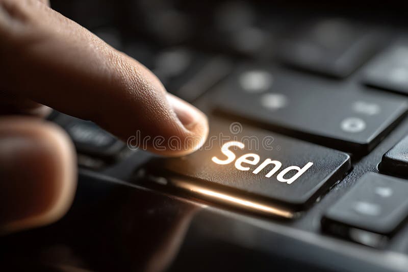 A Finger Presses a Send Button on a Black Keyboard Highlighting ...