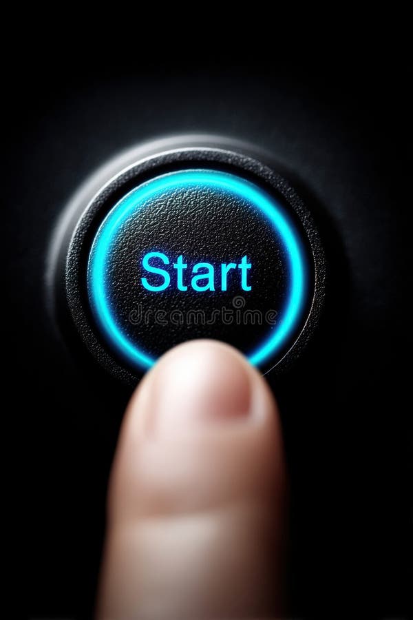 A Finger Presses a Start Button, Initiating Action with a Glowing Blue ...