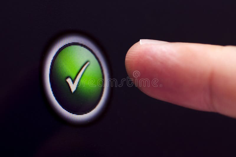 Finger Presses Touchscreen Green Tick Button Stock Photo - Image of ...