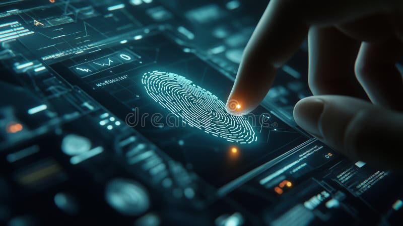 Finger Pressing Biometric Digital Screen Displaying Fingerprint Scan ...
