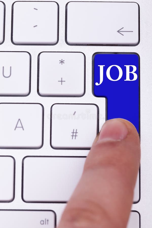 Finger Pressing on Blue Job Button Stock Photo - Image of internet ...