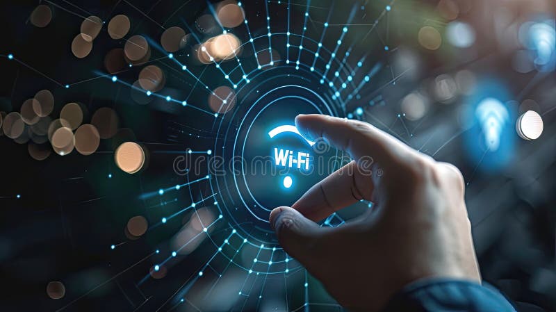 Finger Pressing a Bright Wi-Fi Symbol Surrounded by Network Connections ...