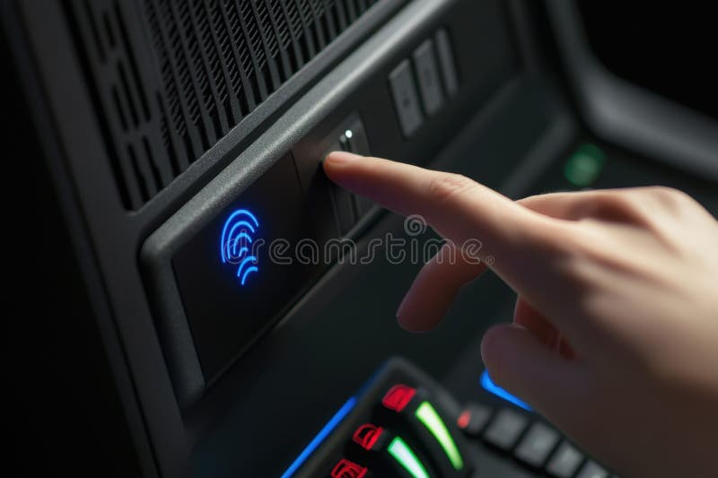 Finger Pressing a Button on a Control Panel with Glowing Indicators in ...