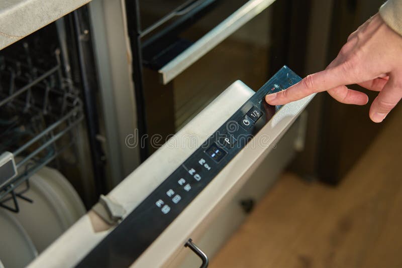 Finger Pressing Button on Dishwasher Control Panel Stock Photo - Image ...