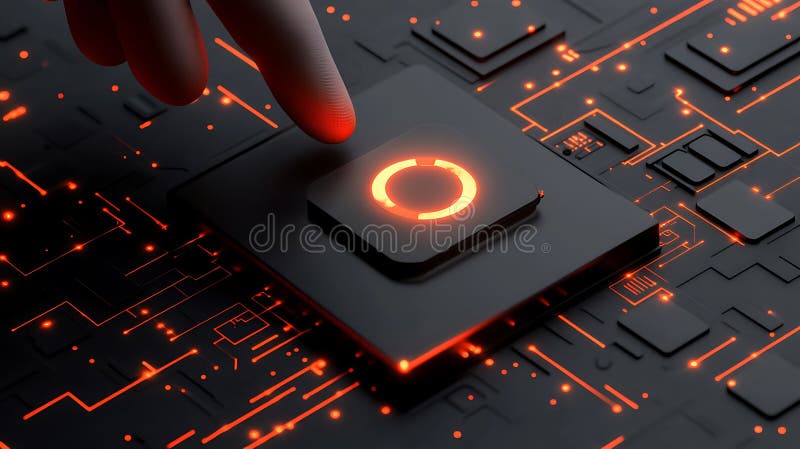 A Finger is Pressing a Button on an Orange Lit Circuit Stock ...