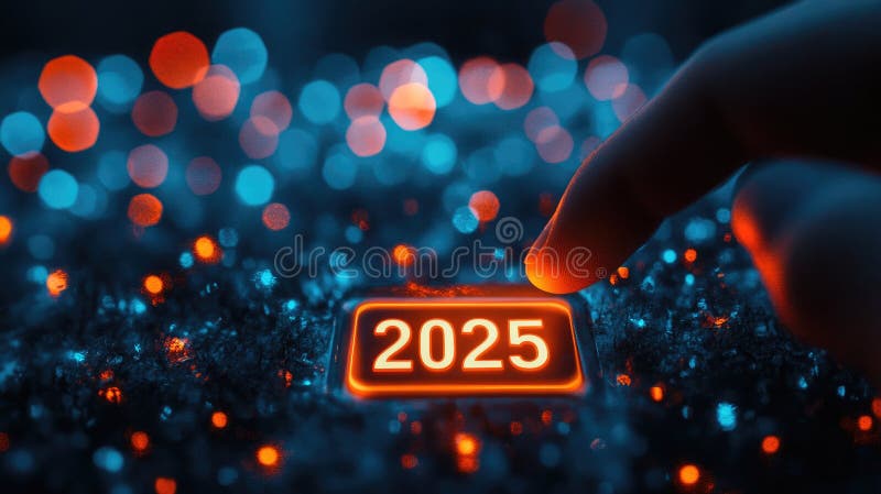 Finger Pressing 2025 Button Starting New Year with Bokeh Lights ...