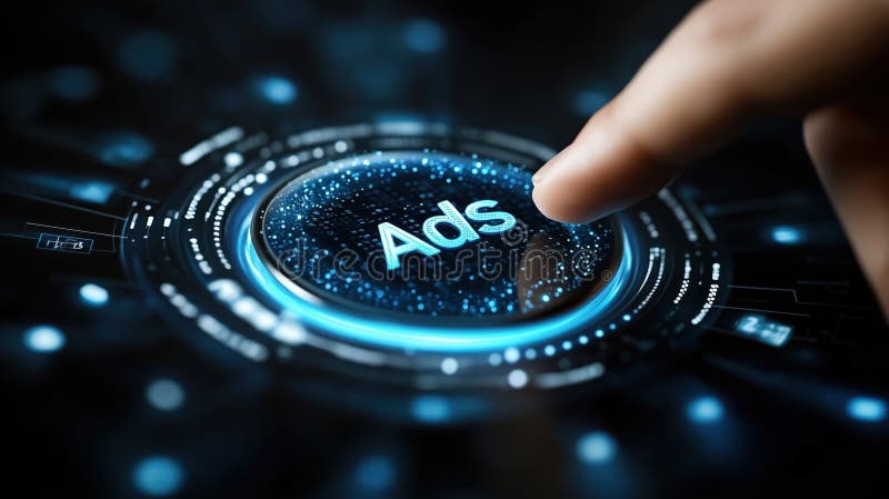 Finger Pressing Digital Button with Ads Text, Showcasing Technology ...