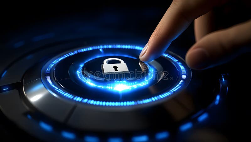 Finger Pressing Futuristic Lock Button, Concept of Cybersecurity Data ...