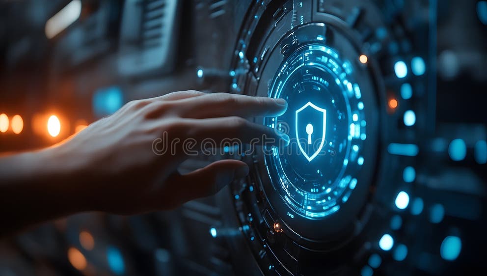 Finger Pressing Futuristic Lock Button, Concept of Cybersecurity Data ...