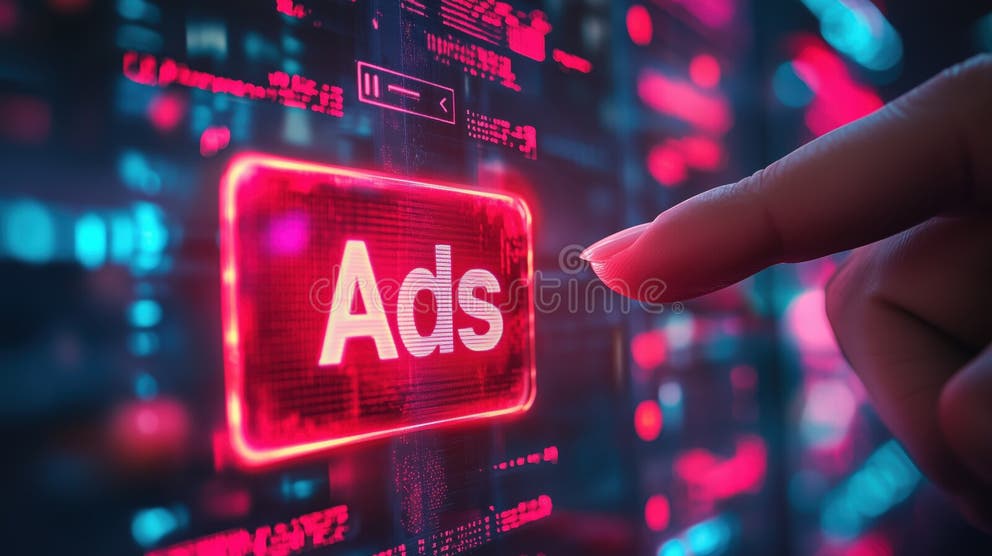 Finger Pressing Glowing Ads Button on Digital Screen Stock Illustration ...