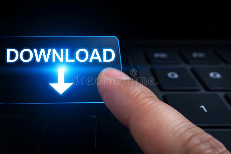 Finger Pressing a Glowing Blue Download Button on a Dark Keyboard Stock ...