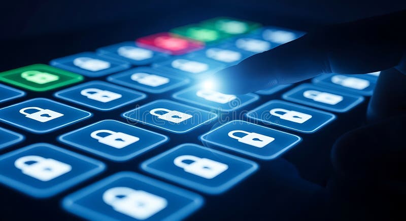 Finger Pressing Glowing Digital Lock Icon on a Keypad Touching Stock Illustration - Illustration ...