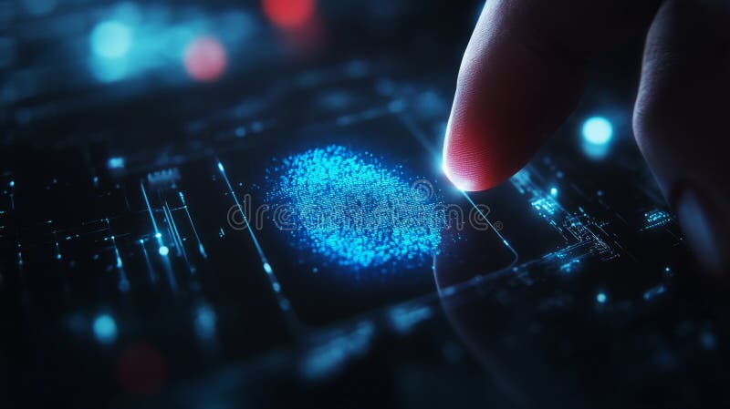 Finger Pressing a Glowing Fingerprint Scanner on Digital Interface ...