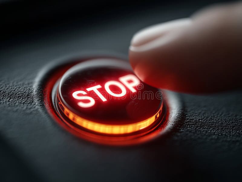 Finger Pressing Glowing Red Stop Button, Symbolizing Urgency and ...