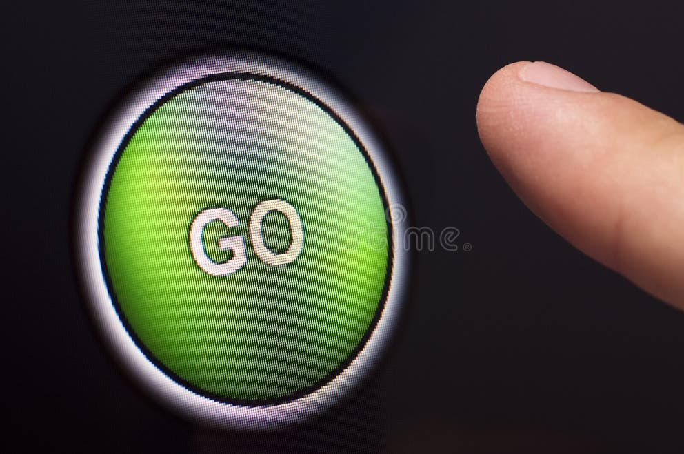 Finger Pressing a Green GO Button on Touchscreen Stock Image - Image of ...