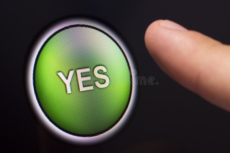 Finger Pressing a Green YES Button on Touchscreen Stock Photo - Image ...