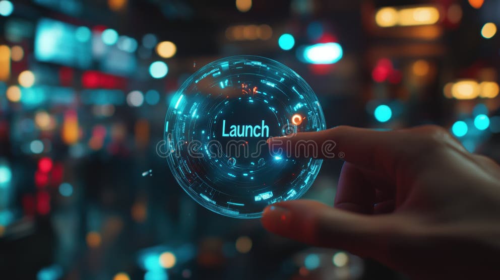 Finger Pressing Launch Button in Futuristic Interface, Glowing ...