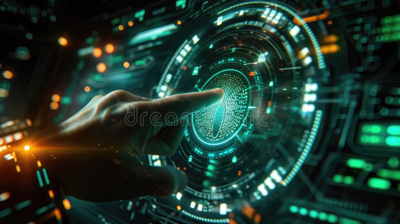 Finger Pressing a Luminous Fingerprint Scanner Surrounded by Circuitry ...
