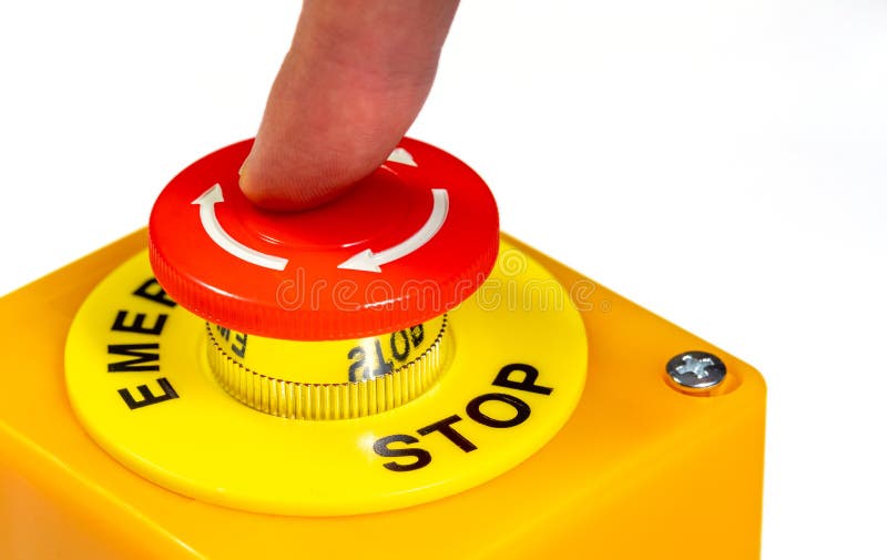 Finger Pressing Pushing a Simple Red Emergency Stop Push Button ...