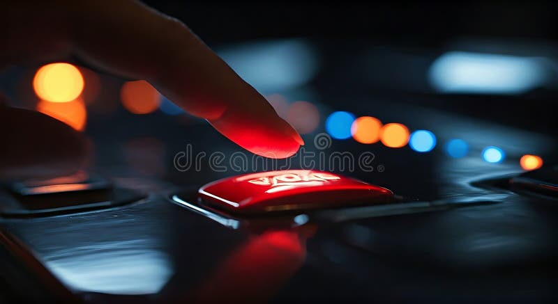 Finger Pressing the Red Button with a Blurred Dark Background Stock ...