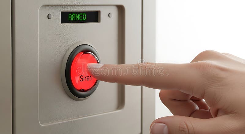 Finger Pressing Red Siren Button on Security Alarm Panel Displaying ...
