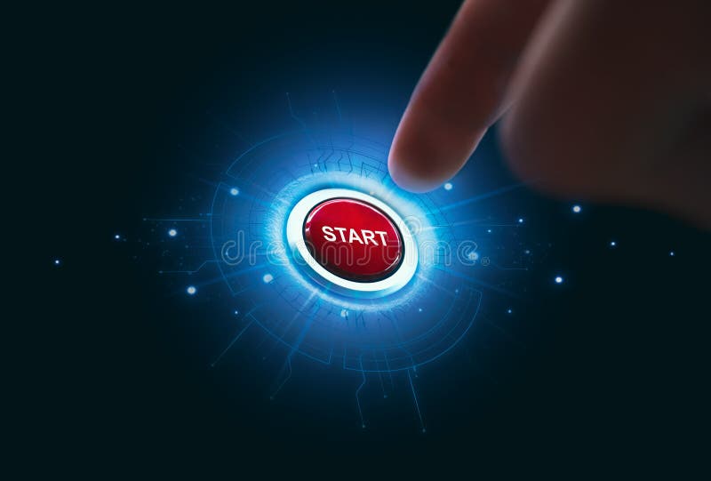 Finger Pressing Red Start Button on Dark Background, Hand Push a Start ...