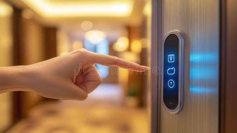 Finger Pressing a Smart Lock Button in a Modern Hallway Stock ...