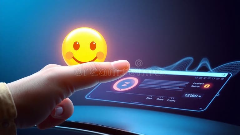 Finger Pressing Smiling Icon Represents Digital User Satisfaction on ...