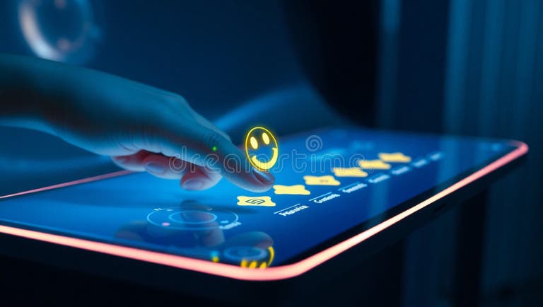 Finger Pressing Smiling Icon Represents Digital User Satisfaction on ...