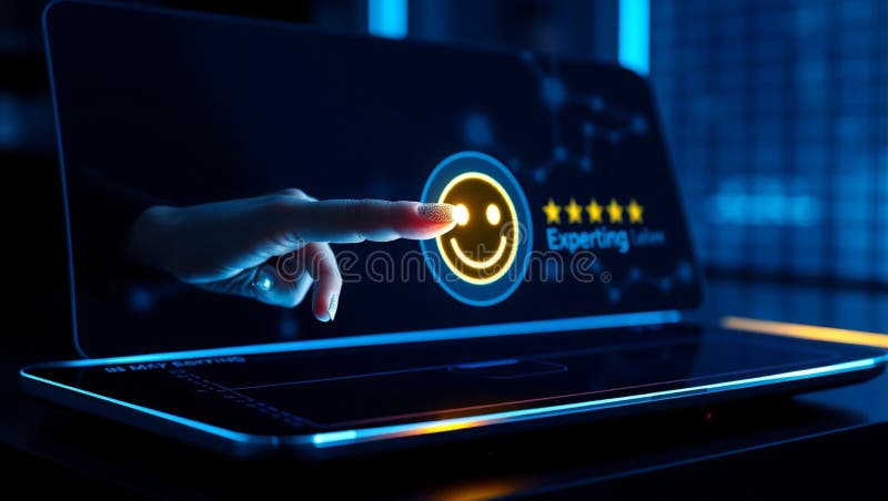 Finger Pressing Smiling Icon Represents Digital User Satisfaction on ...