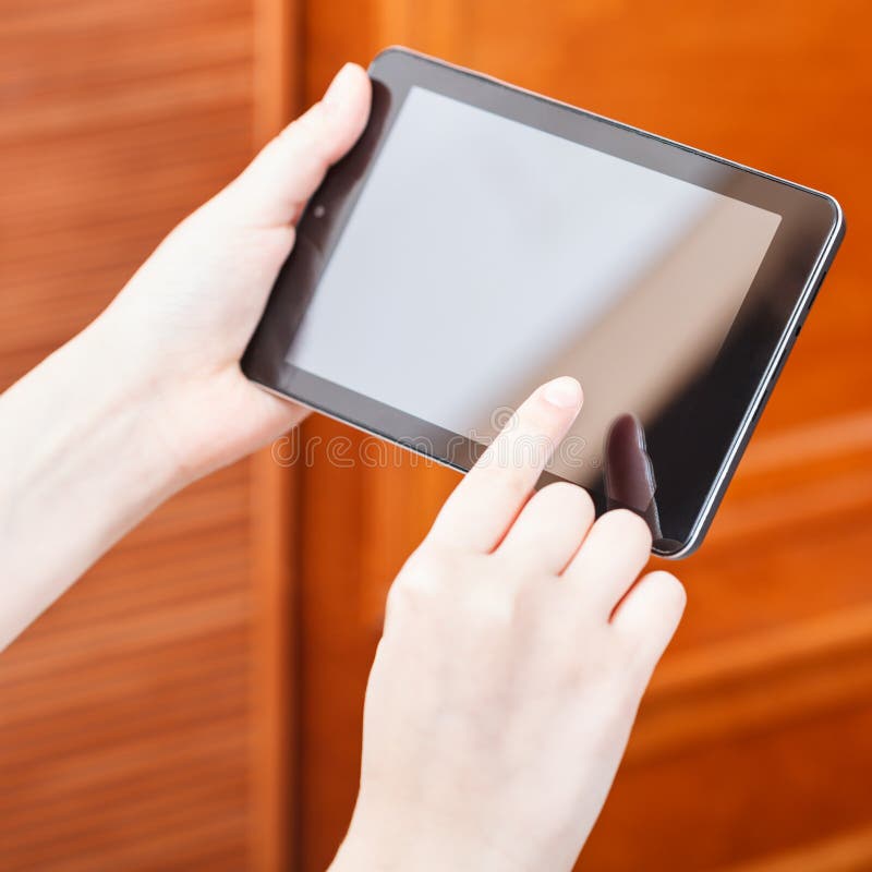 Woman Are Pressing And Reading A Tablet Touch On Screen Stock Image ...