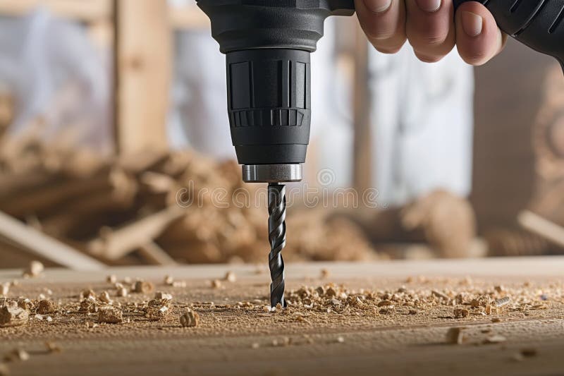 Finger Pressing Trigger on Drill, Drill Bit Turning Fast in Lumber ...