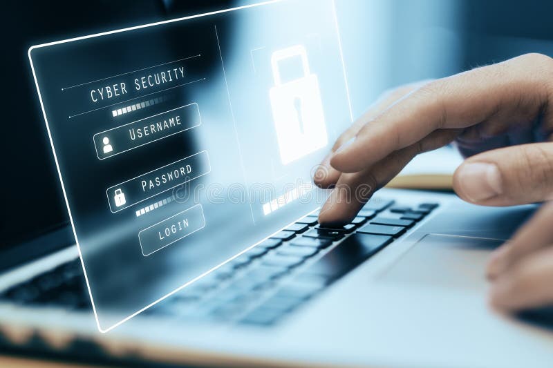 Finger Pressing on a Virtual Cybersecurity Login Screen with Padlock ...
