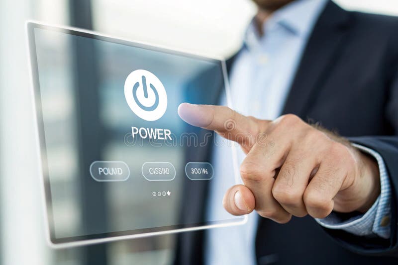 Finger Pressing Virtual Power Button on Screen Stock Illustration ...