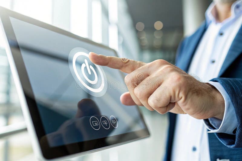 Finger Pressing Virtual Power Button on Screen Stock Illustration ...