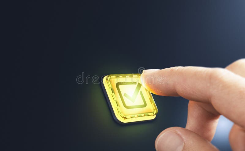 Finger Pressing Yellow Validation Button with Checkmark Stock Photo ...