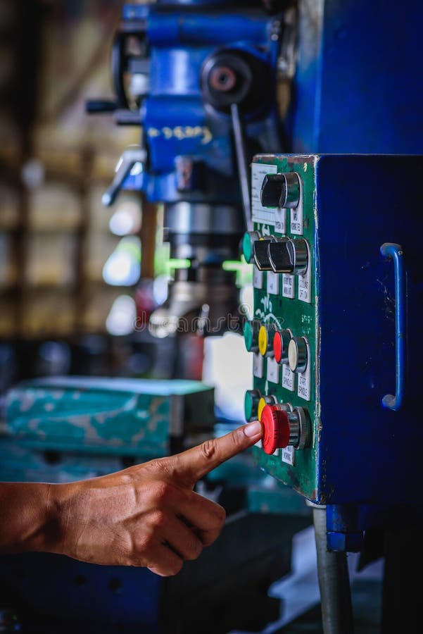 Finger Push on Red Emergency Stop Switch Welding Machine Stock Photo ...
