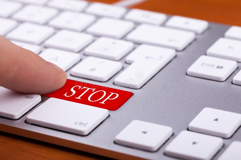 Finger Pushing Red Stop Button on Modern Keyboard Stock Photo - Image ...